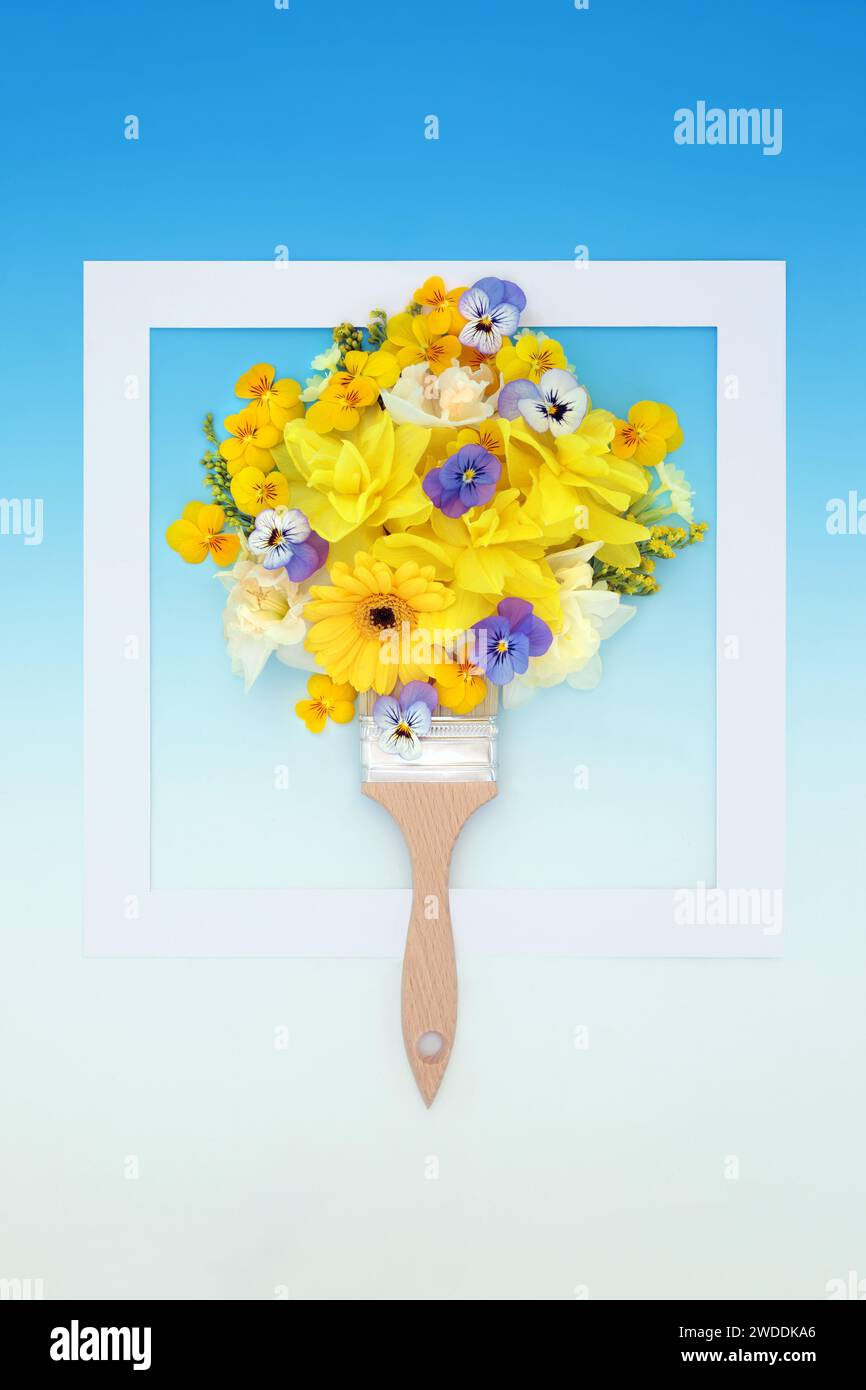 Abstract spring and easter flower paintbrush design on gradient blue ...