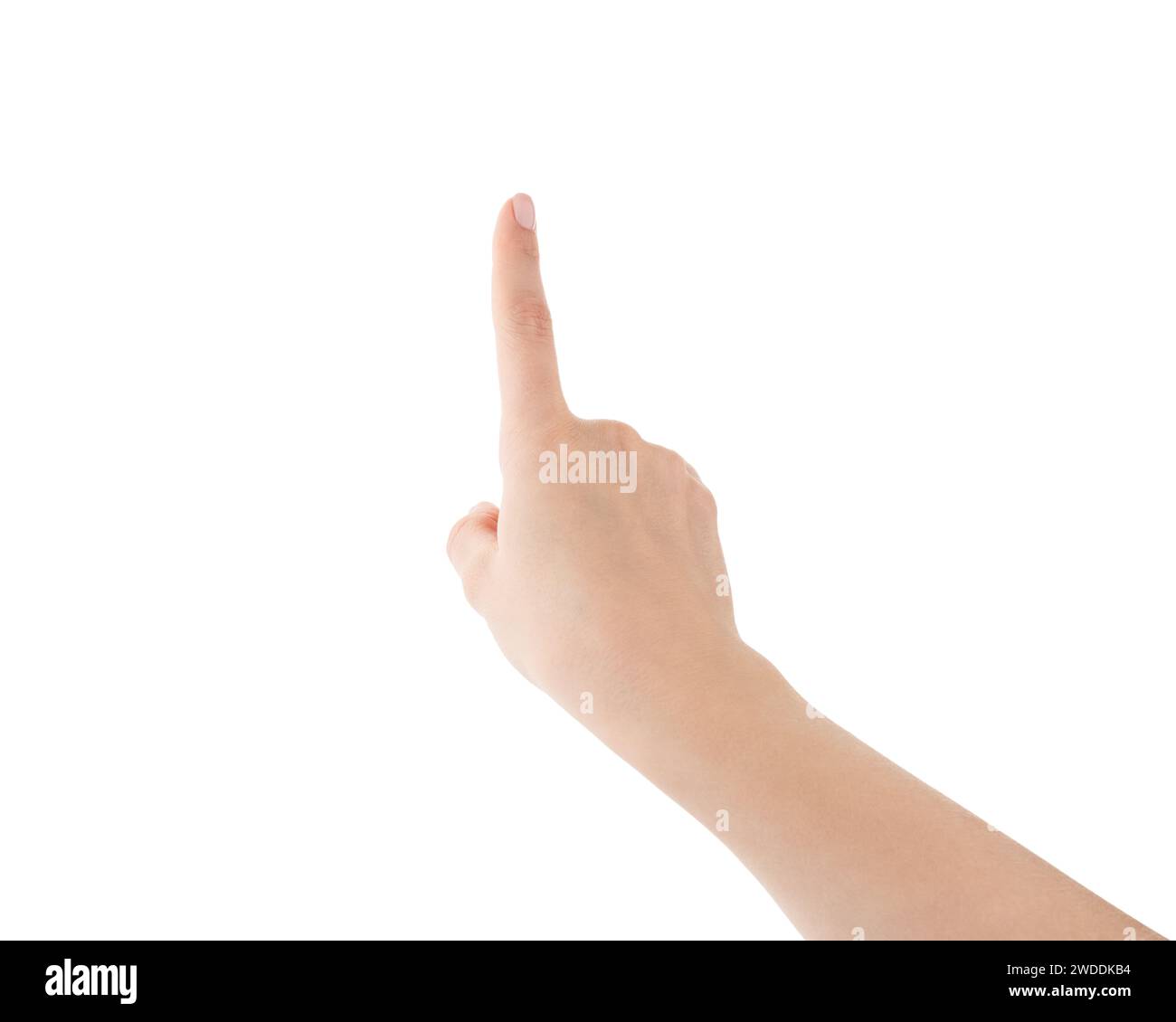 Young woman hand touch screen gesture isolated on white background ...