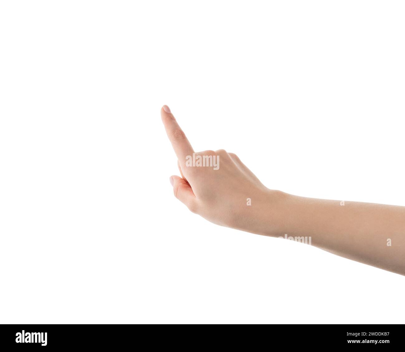 Young woman hand touch screen gesture isolated on white background ...