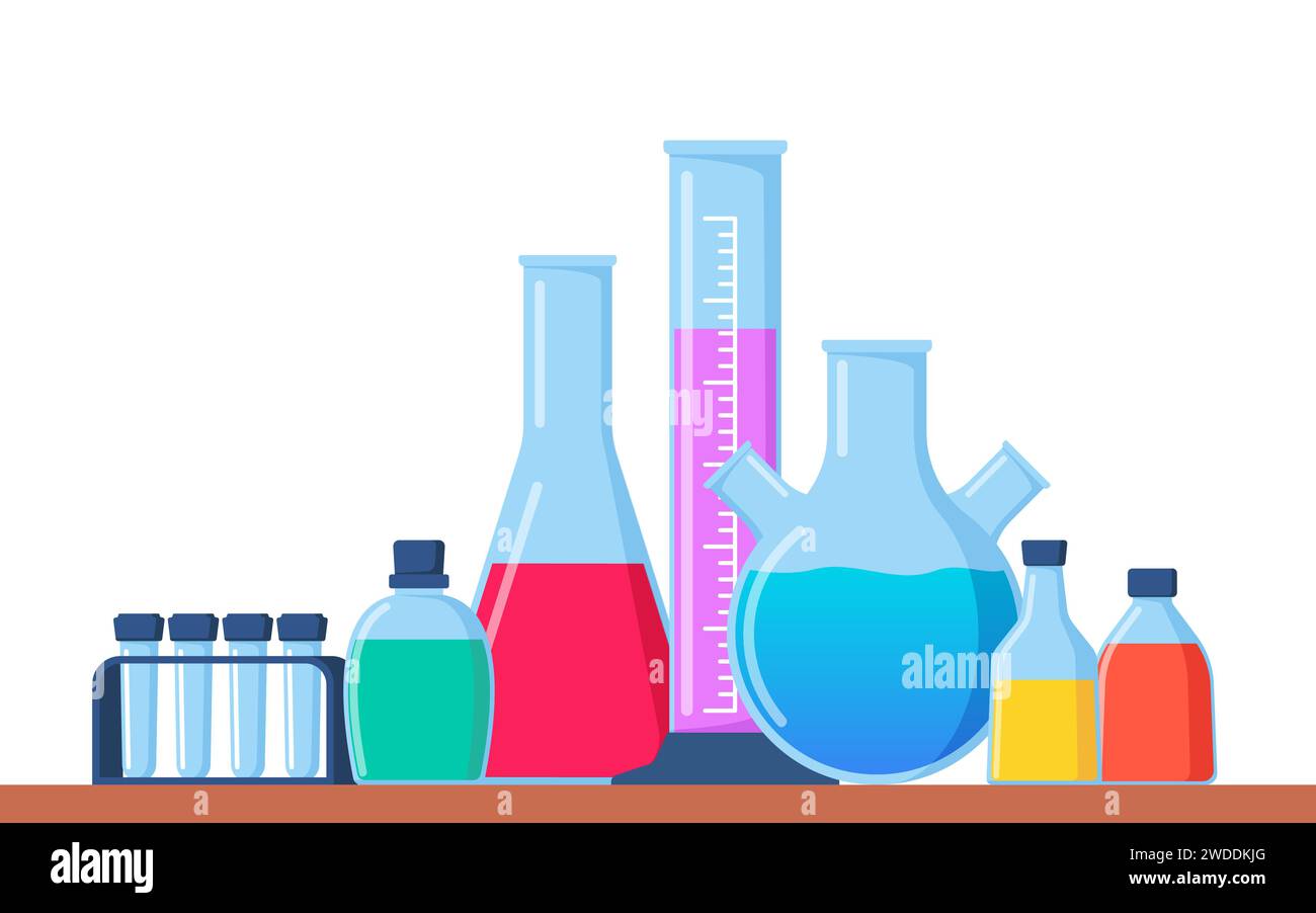 Chemical Laboratory with different glass flasks, vials, test-tubes with ...