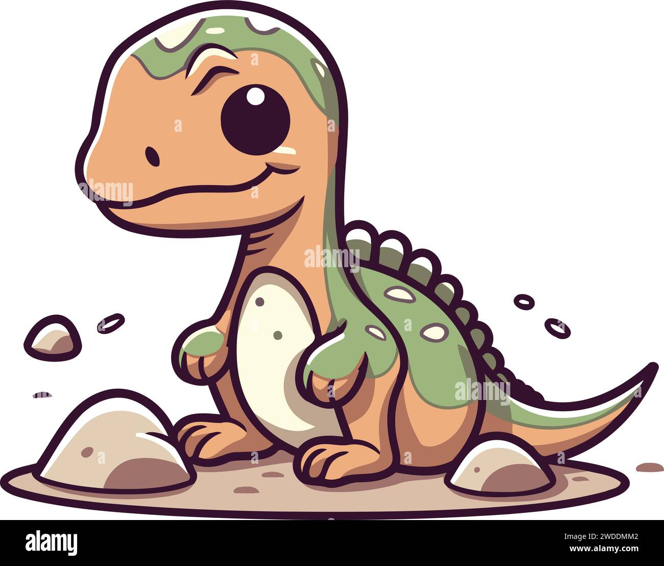 Cute dinosaur sitting on the stone. Vector illustration isolated on ...