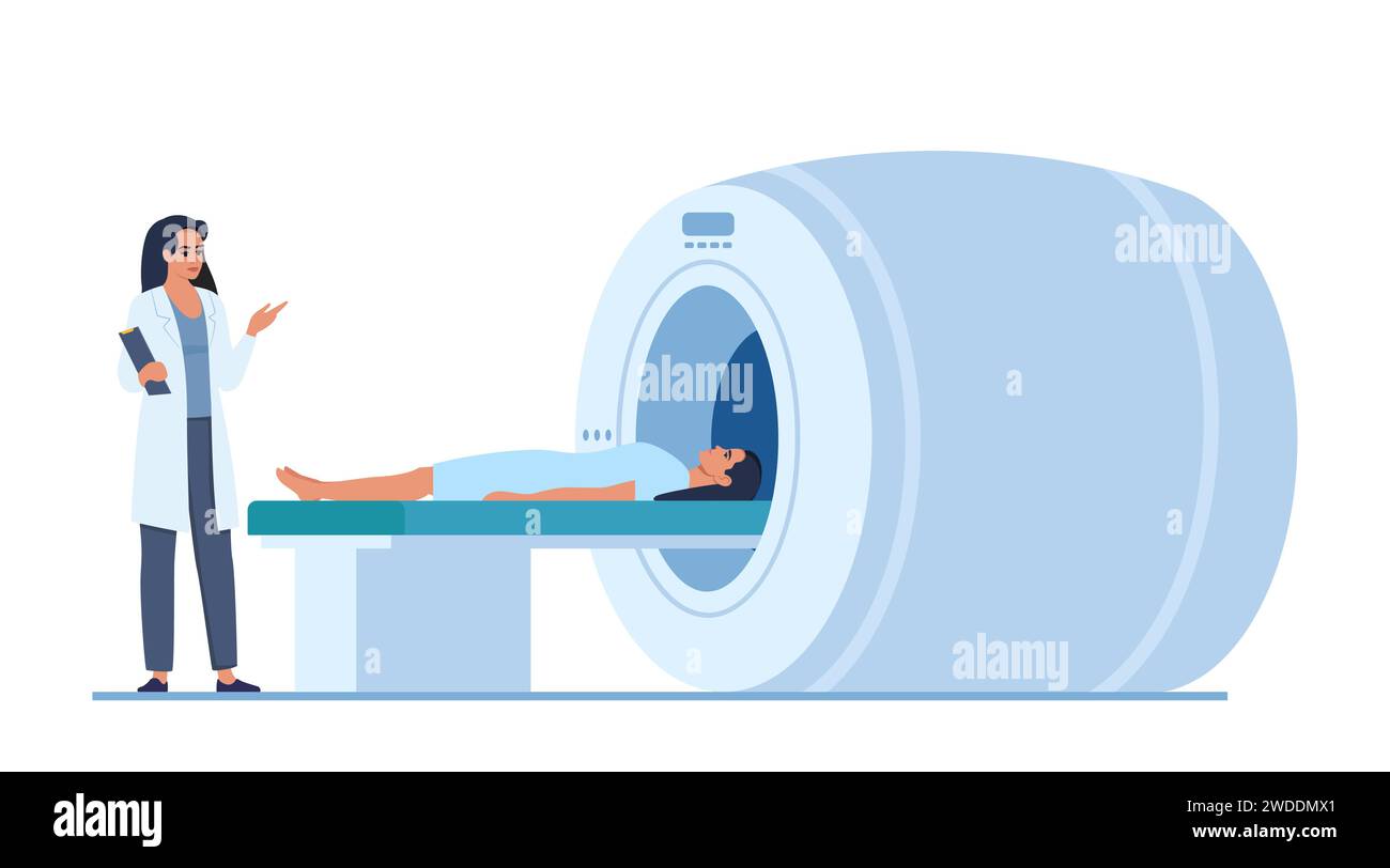 Patient Lying on MRI scan machine with doctor standing next to him ...