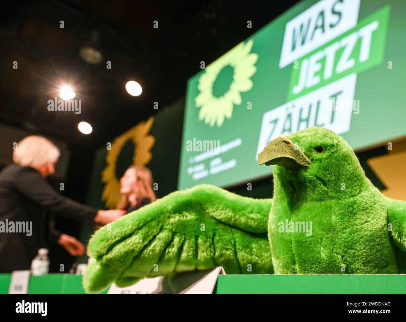 Potsdam, Germany. 20th Jan, 2024. A green plush eagle can be seen at ...