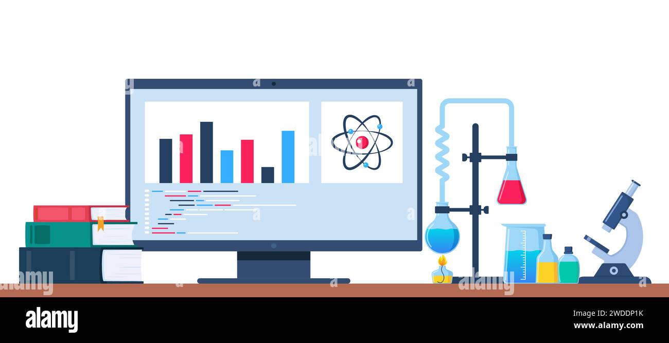 Chemist's workplace with a computer, books, and laboratory equipment ...