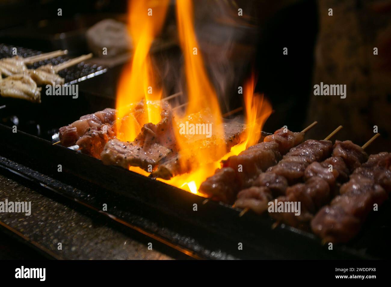 Grilled yakitori chicken skewers at an Izakaya restaurant in Omoide ...
