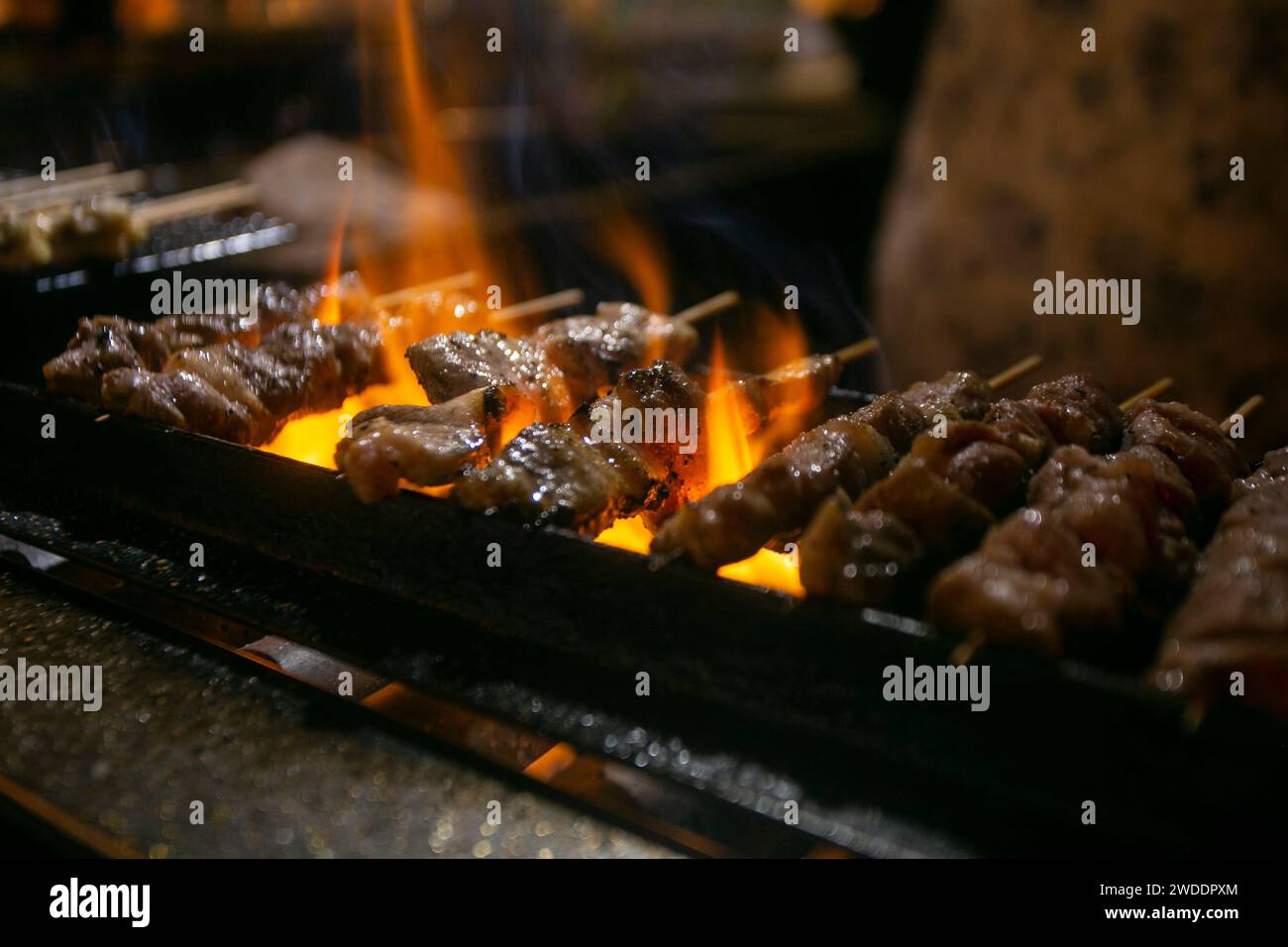 Grilled yakitori chicken skewers at an Izakaya restaurant in Omoide ...