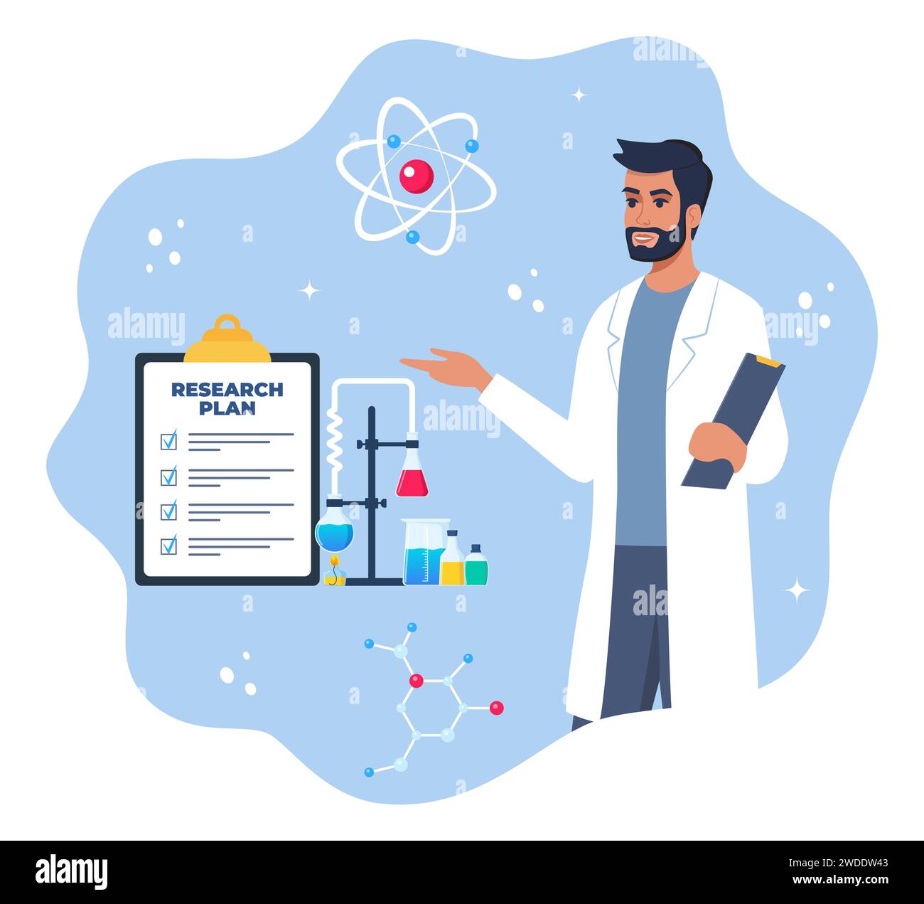 Chemist scientist, flasks, vials, test tubes. Chemical laboratory ...