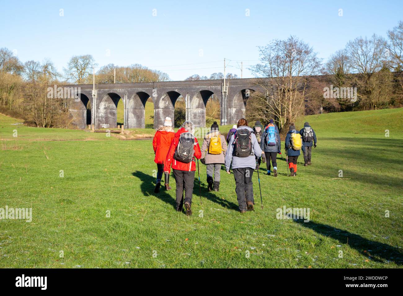 Group of ramblers walking in the Cheshire countryside approaching the ...