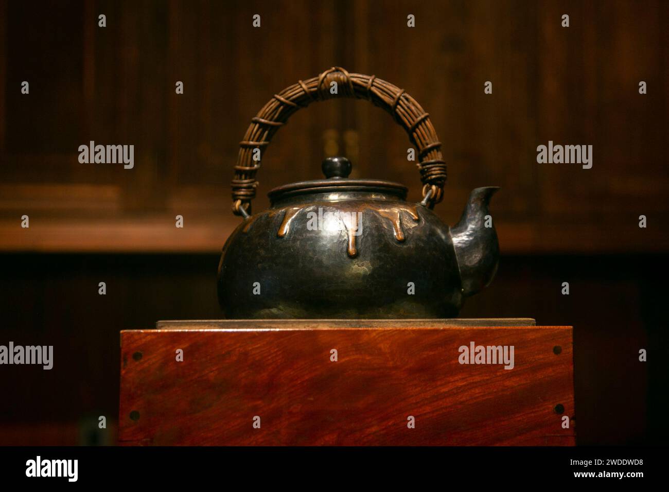 Iron tea containers in a traditional tea house in Murakami City, Japan ...