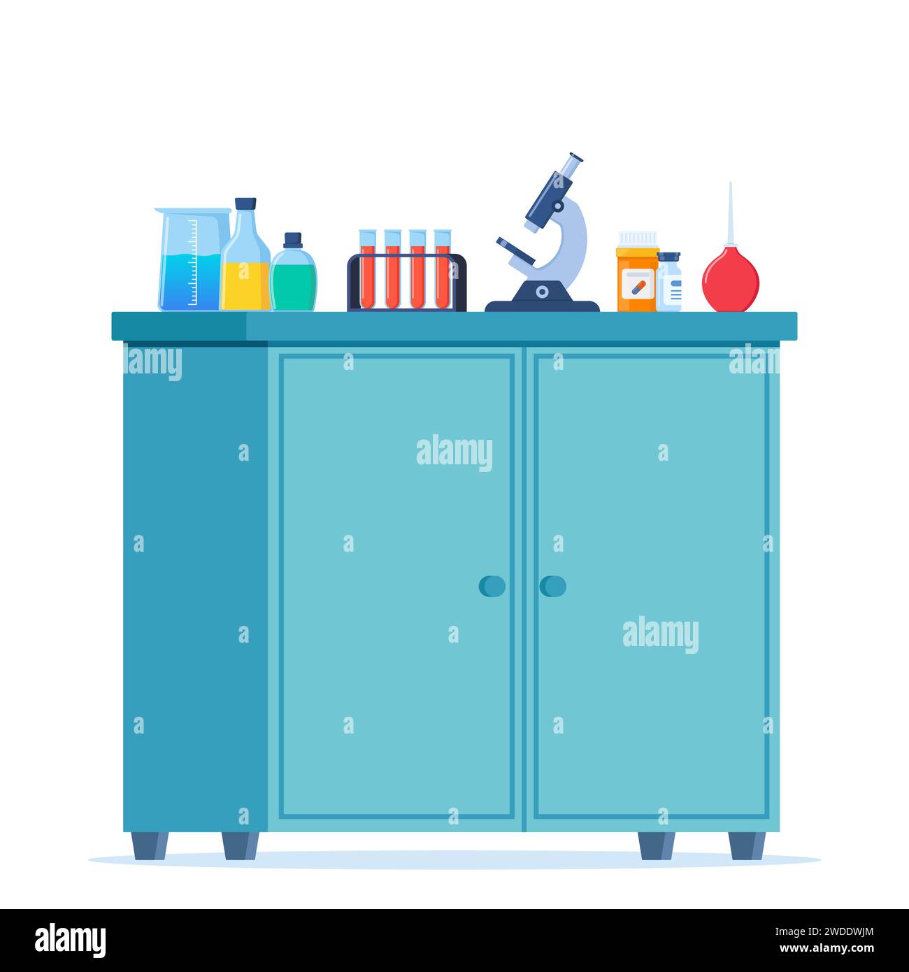 Medicine chest with medical flask, jars, test tubes, pills, microscope ...