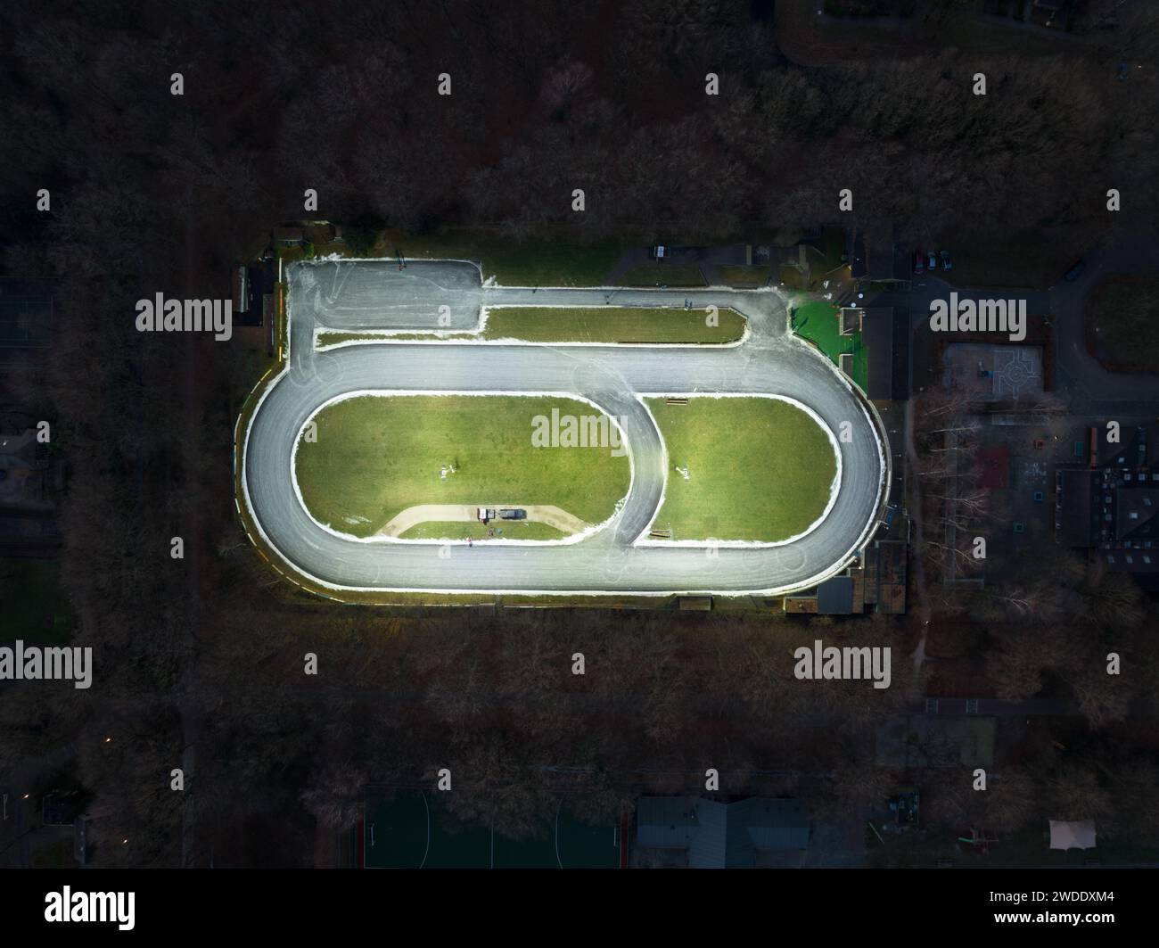 Oval ice skating rink, winter sport ice skating club track. Birds eye ...