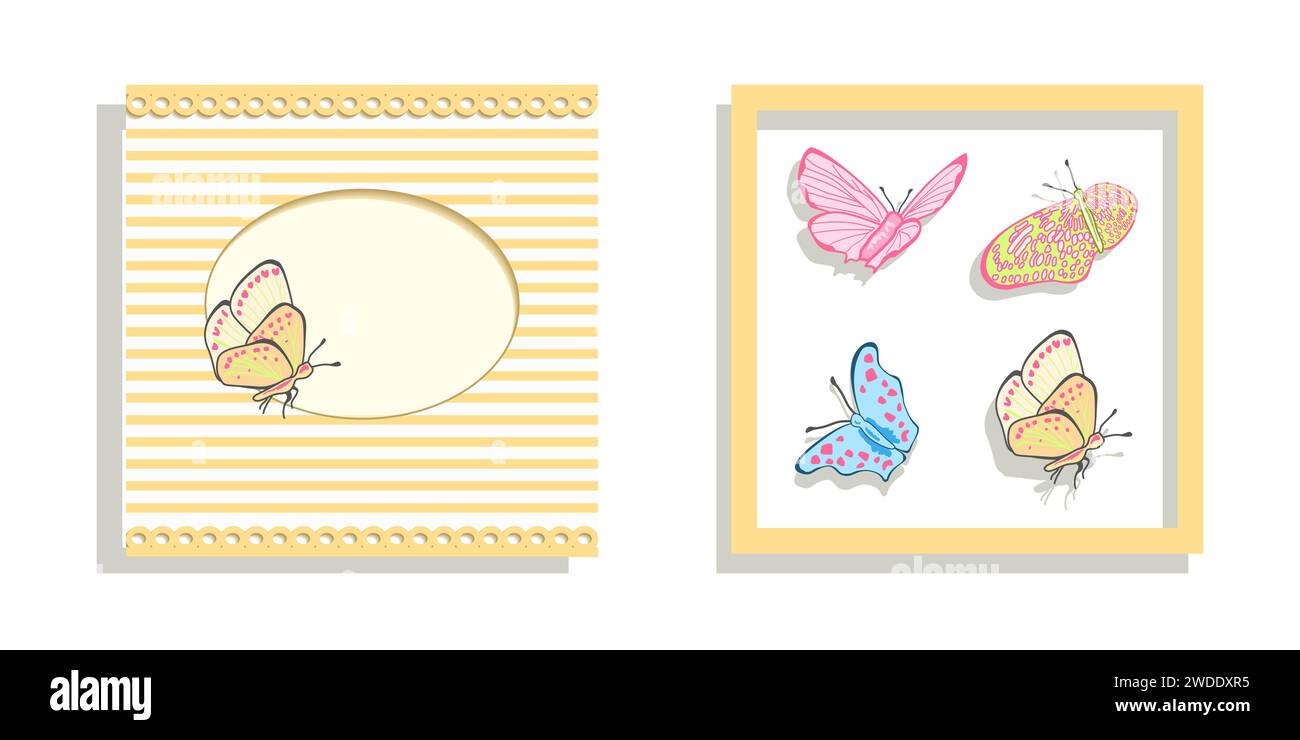 Yellow greeting card with butterflies in a frame. Invitation to the ...