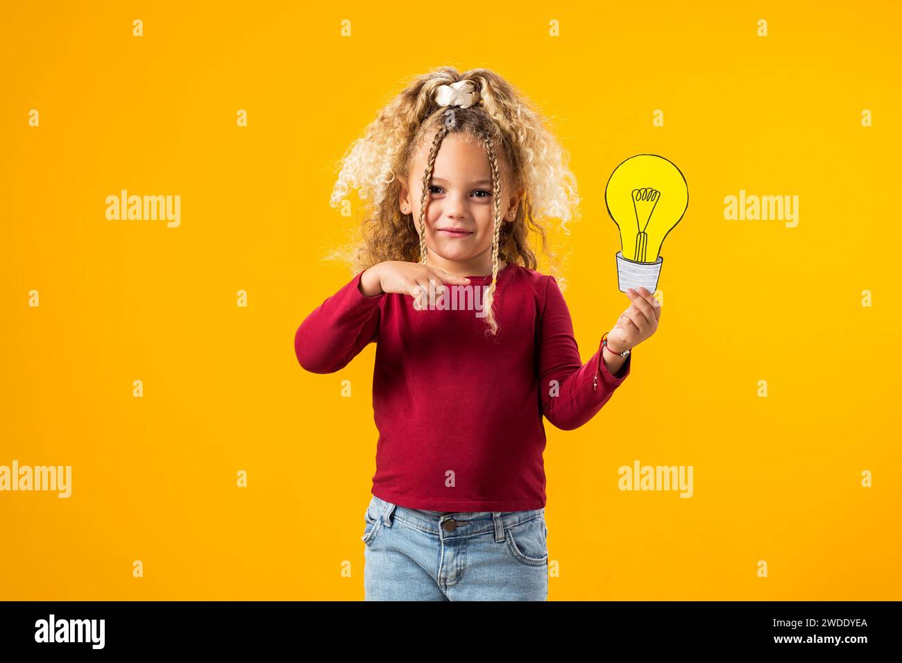 Idea Illumination. Child girl Genius with Paper Bulb.Success ...