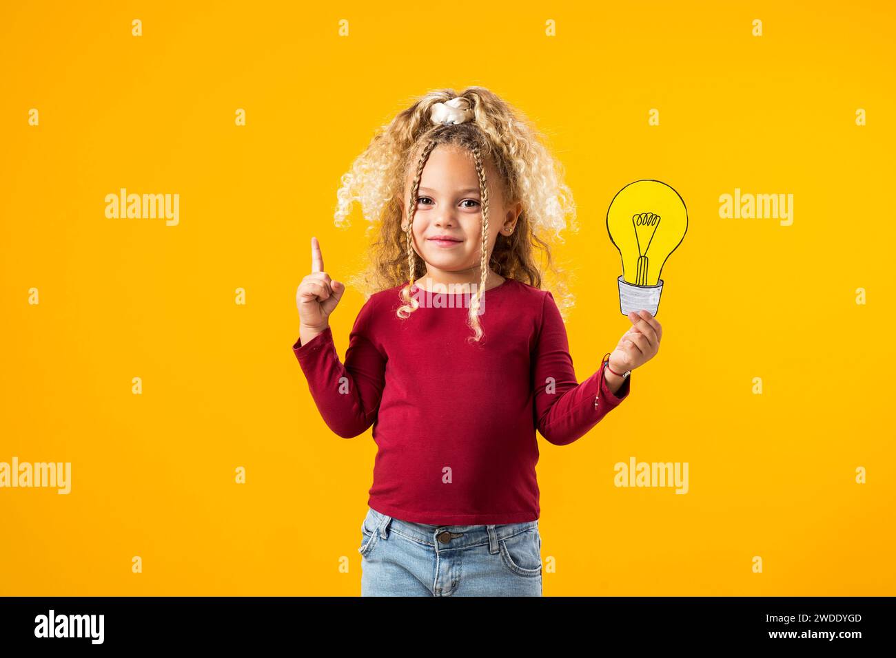 Idea Illumination. Child girl Genius with Paper Bulb.Success ...