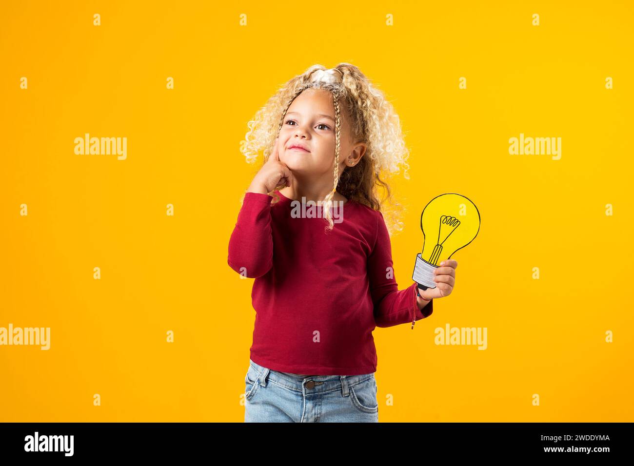 Idea Illumination. Child girl Genius with Paper Bulb.Success ...