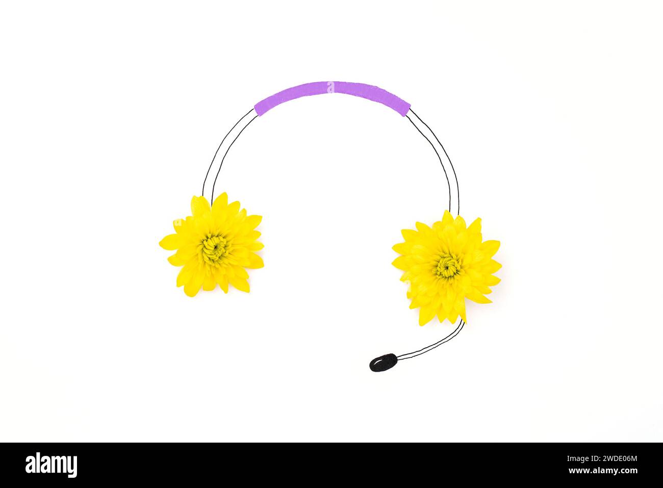 Hand drawn headset with misrophone and Сhrysanthemum flower heads ...