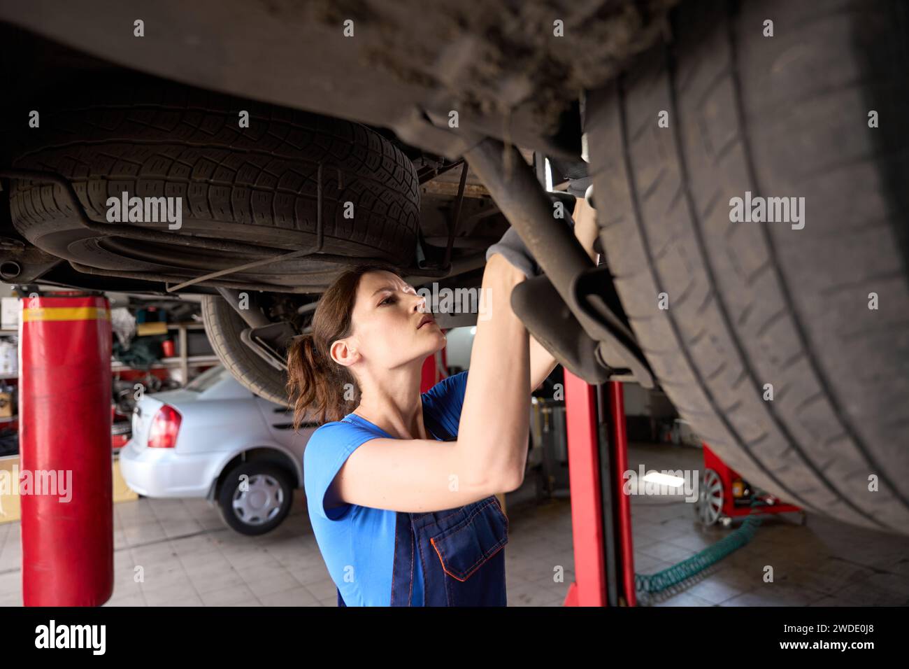 Car raised on a lift in modern auto repair shop Stock Photo - Alamy