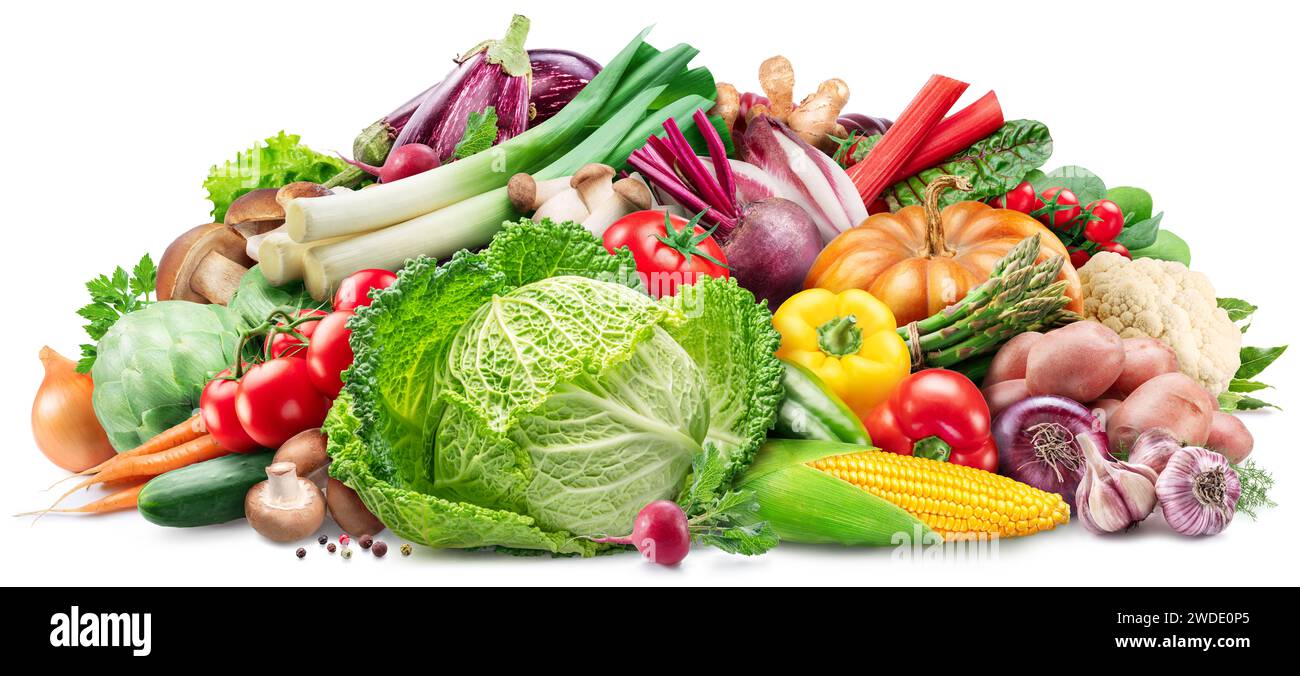 Plenty of fresh organic vegetables and herbs isolated on white ...