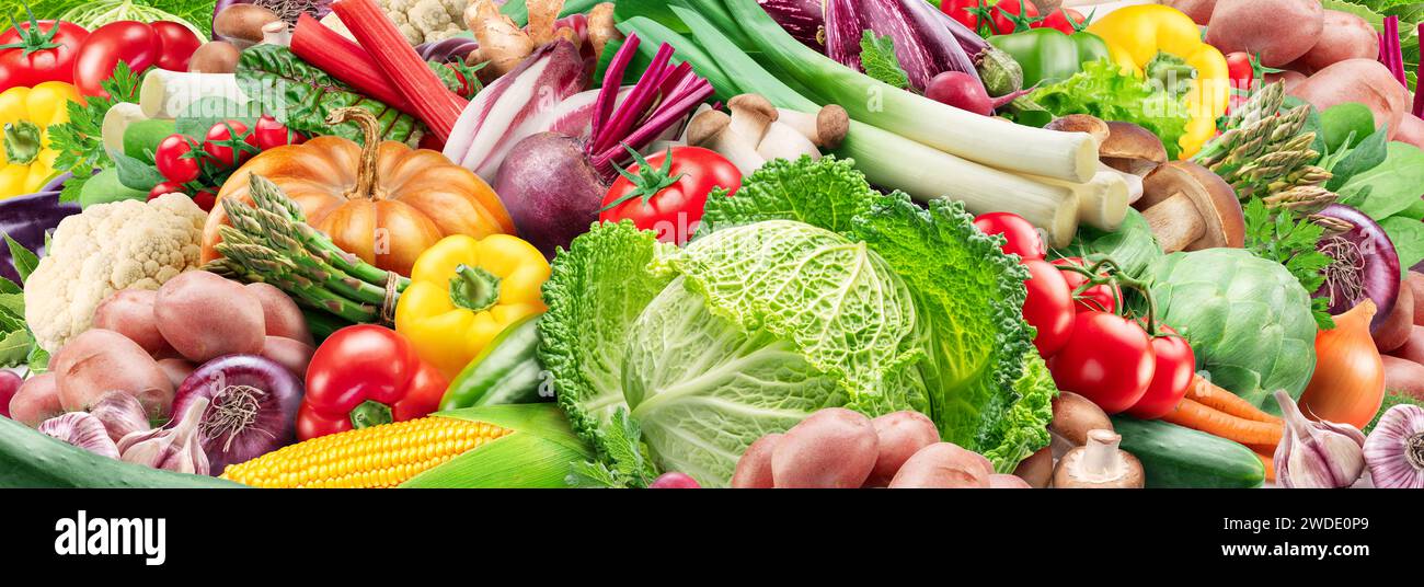 Plenty of fresh organic vegetables and herbs close-up. Food background ...