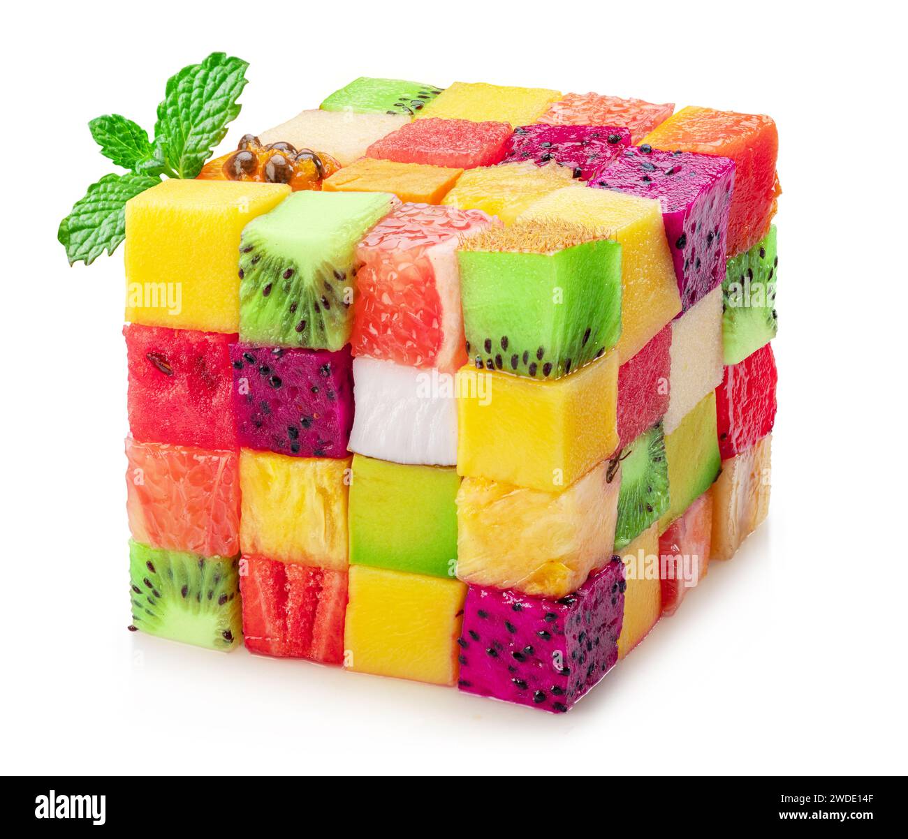 Fruit puzzle cube arranged from different fruit cubes. Dietary concept ...