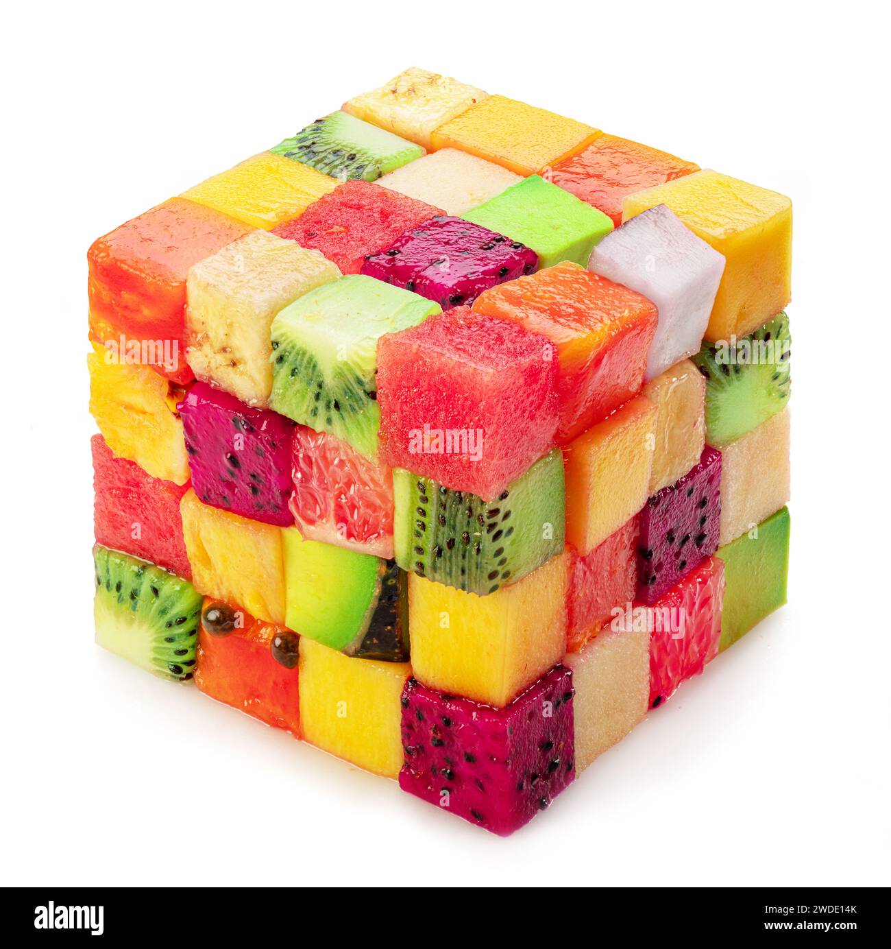 Fruit puzzle cube arranged from different fruit cubes. Dietary concept ...