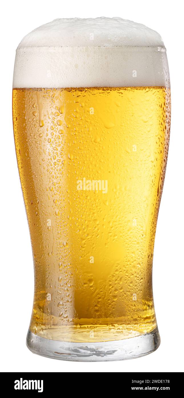 Glass of chilled light beer with beer foam head isolated on white ...