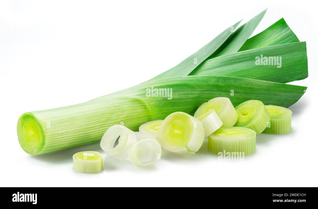 Fresh green leek stem and leek slices isolated on white background ...