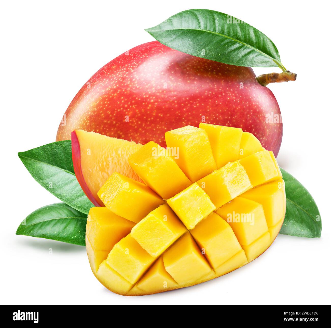 Mango fruits with green leaf and mango cut in hedgehog style isolated ...