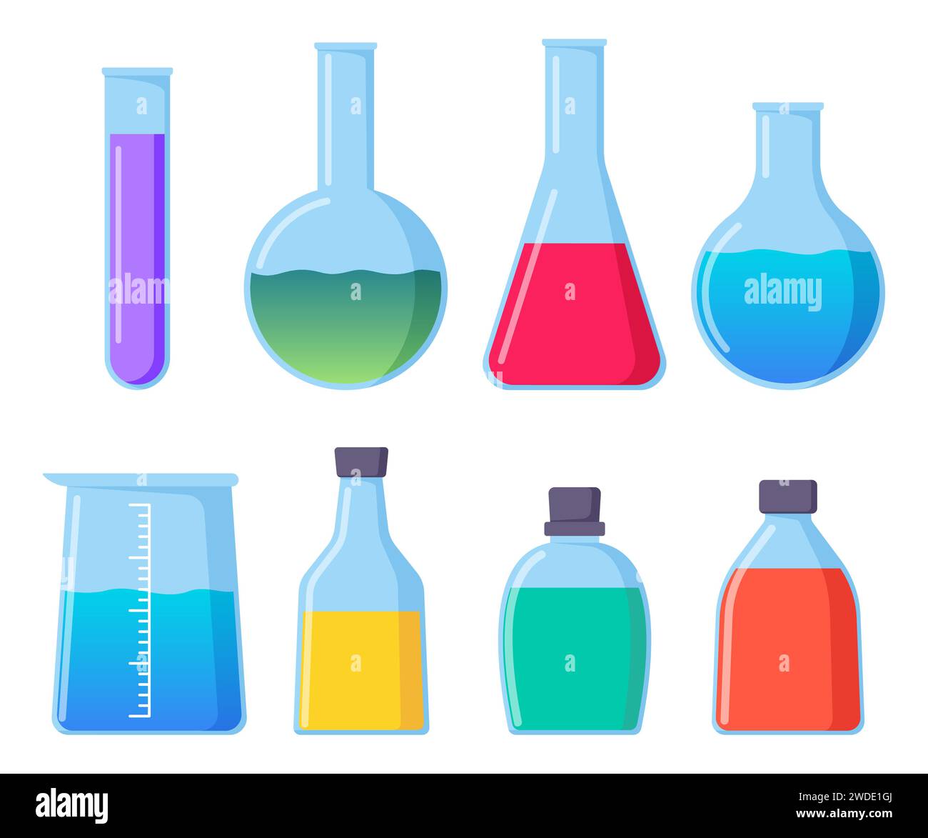 Transparent glassware with chemical reagents. Laboratory test tubes ...