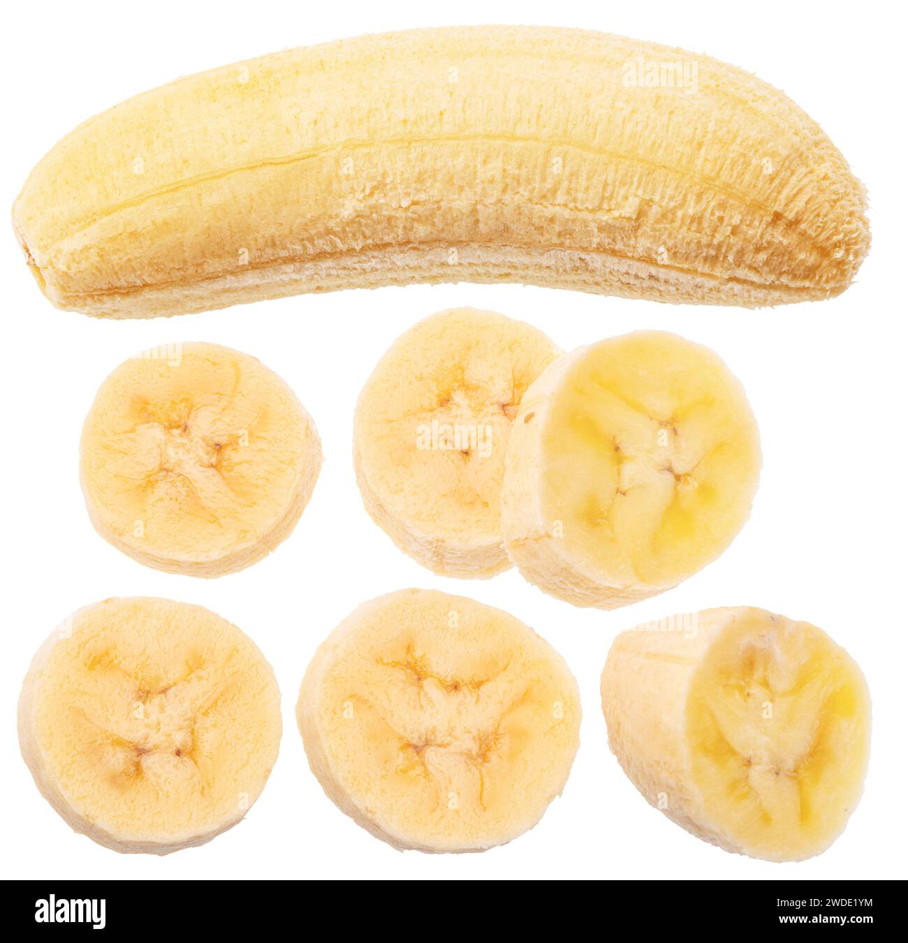 Collection of peeled baby banana and banana slices on white background ...