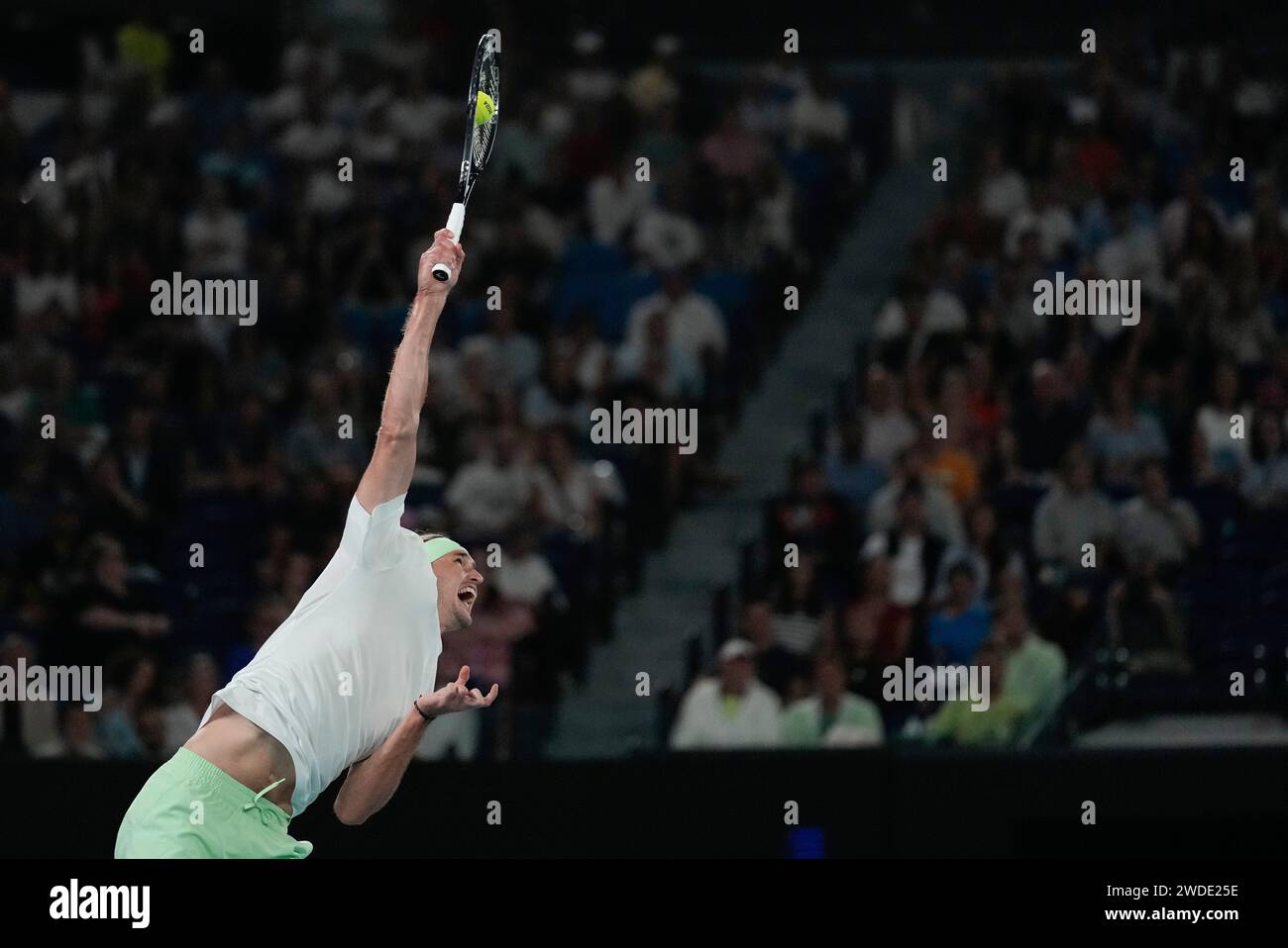 Alexander Zverev of Germany serves to Alex Michelsen of the U.S. during their third round match ...