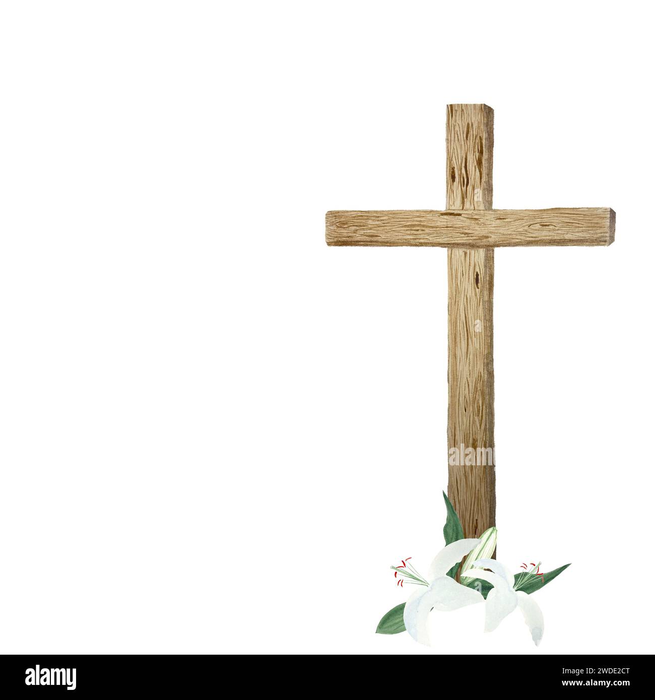 Watercolor wooden cross and lilies for Easter, holy Thursday, religious illustration isolated on ...
