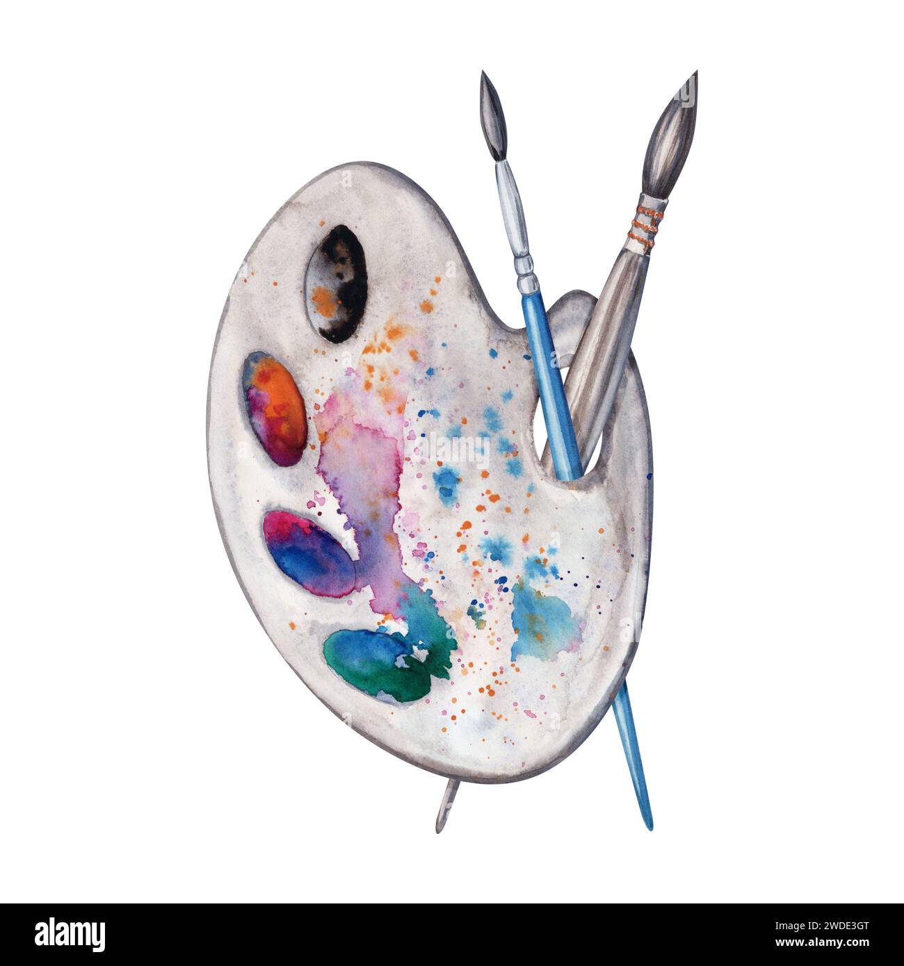 Composition with two Paint Brushes and Artist Palette. Watercolor ...