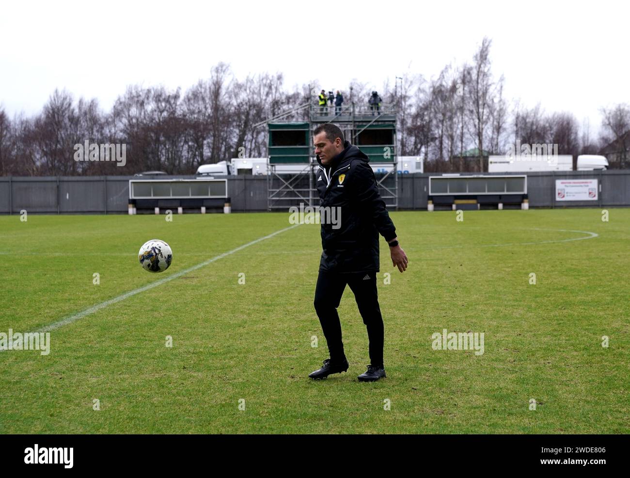 Referee Euan Anderson inspects the pitch ahead of the Scottish Gas ...