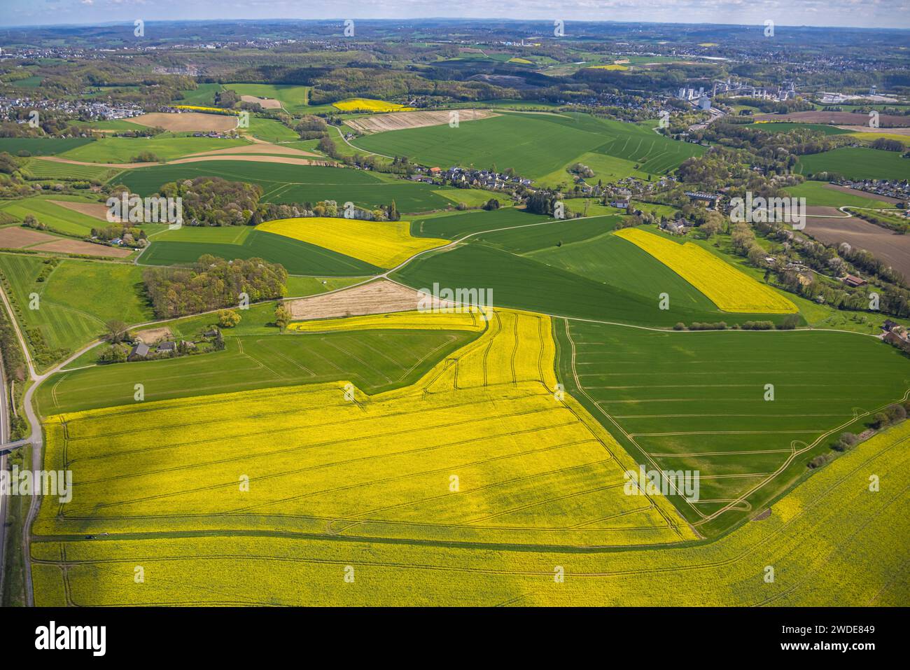 Aerial view, meadows and rapeseed fields along the A44 highway, Leubeck ...