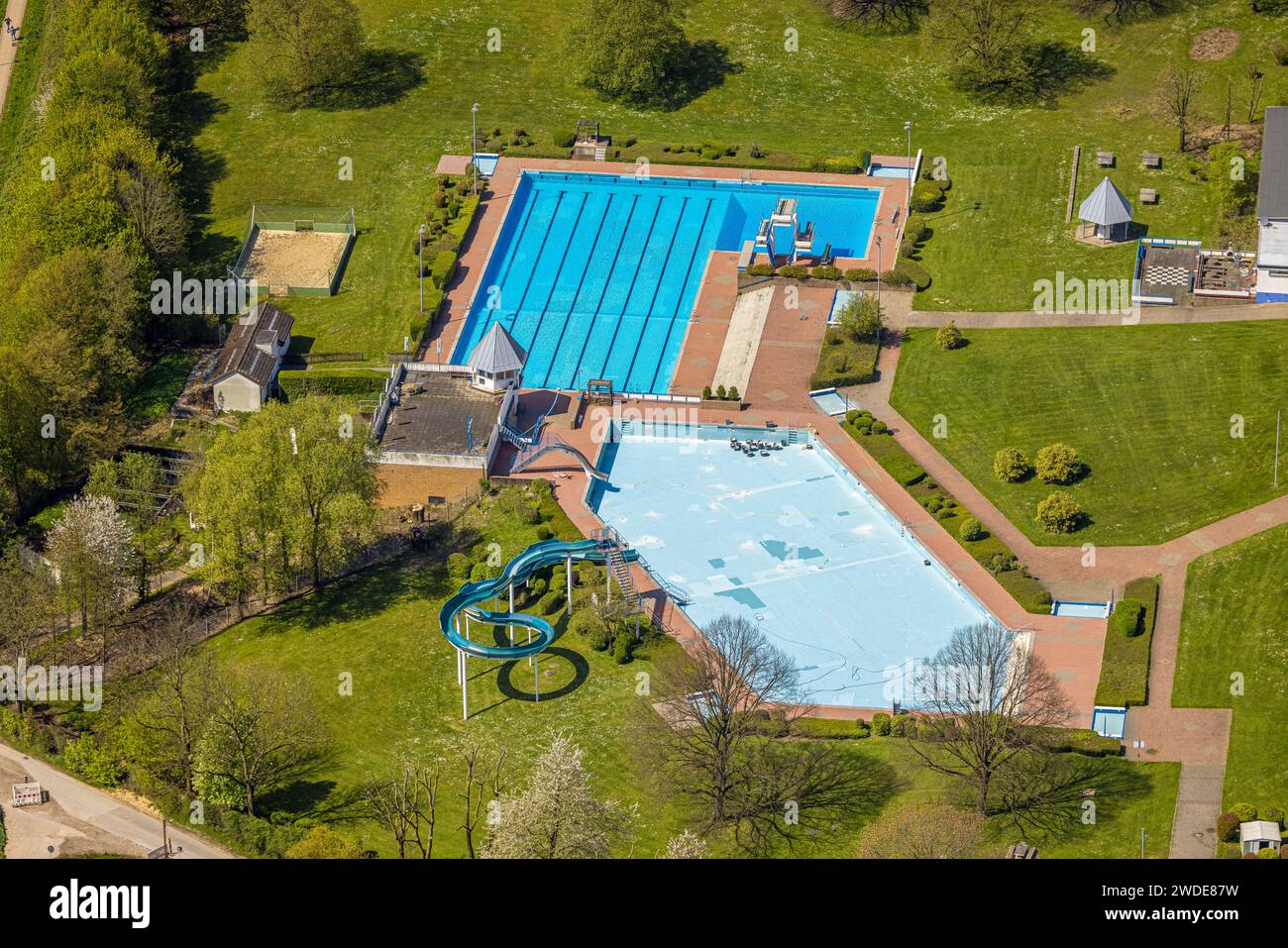 Aerial view, outdoor and indoor swimming pool HeljensBAD, Heiligenhaus ...