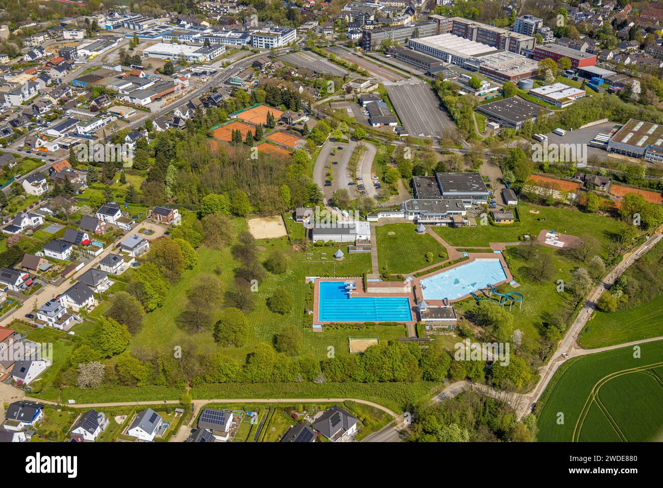 Aerial view, outdoor and indoor swimming pool HeljensBAD, Heiligenhaus ...