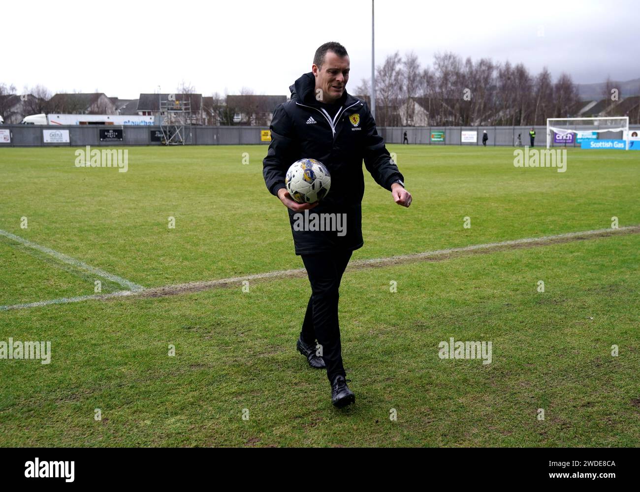 Referee Euan Anderson inspects the pitch ahead of the Scottish Gas ...