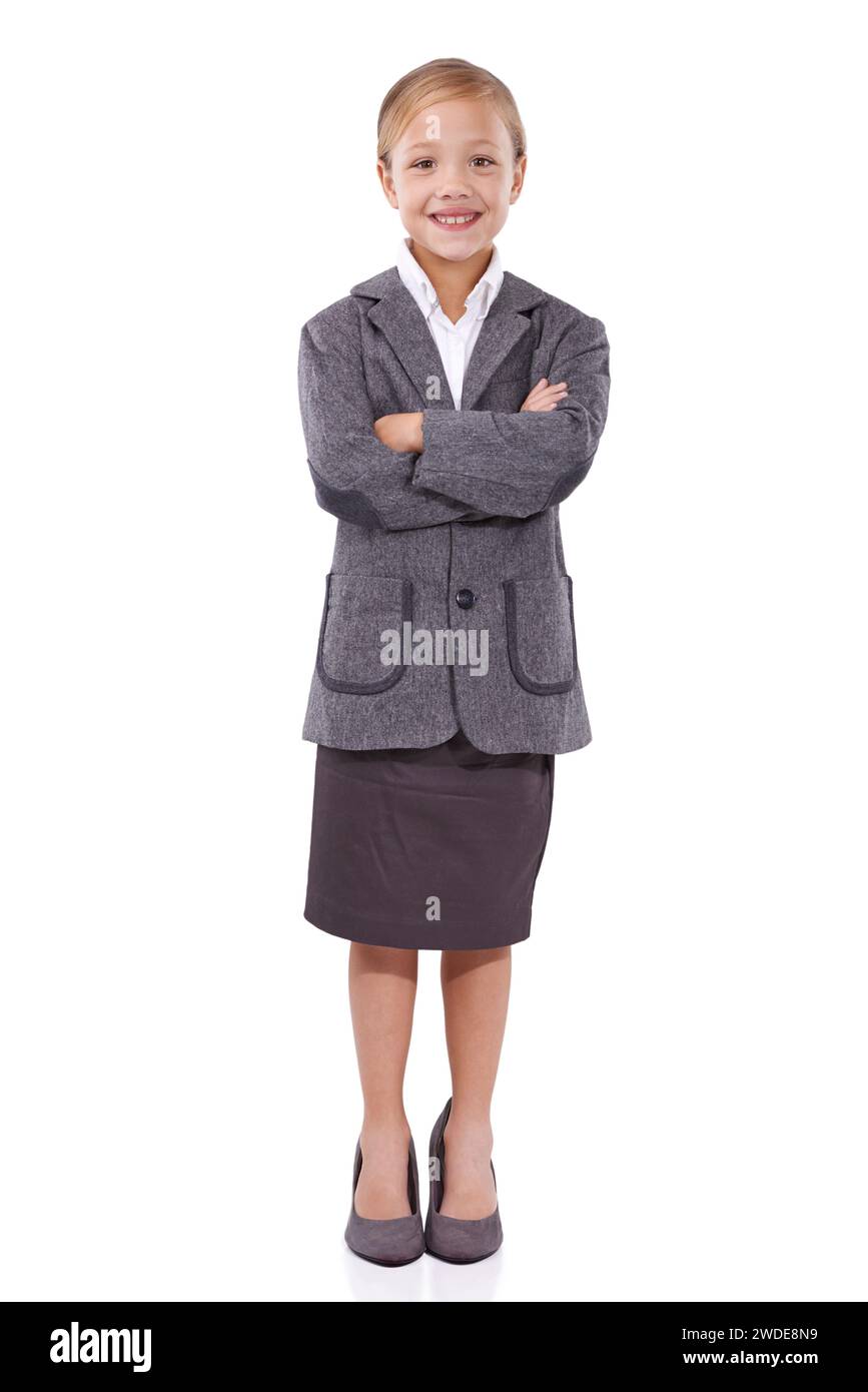 Professional, child and pride in studio portrait, pretend employee and ...