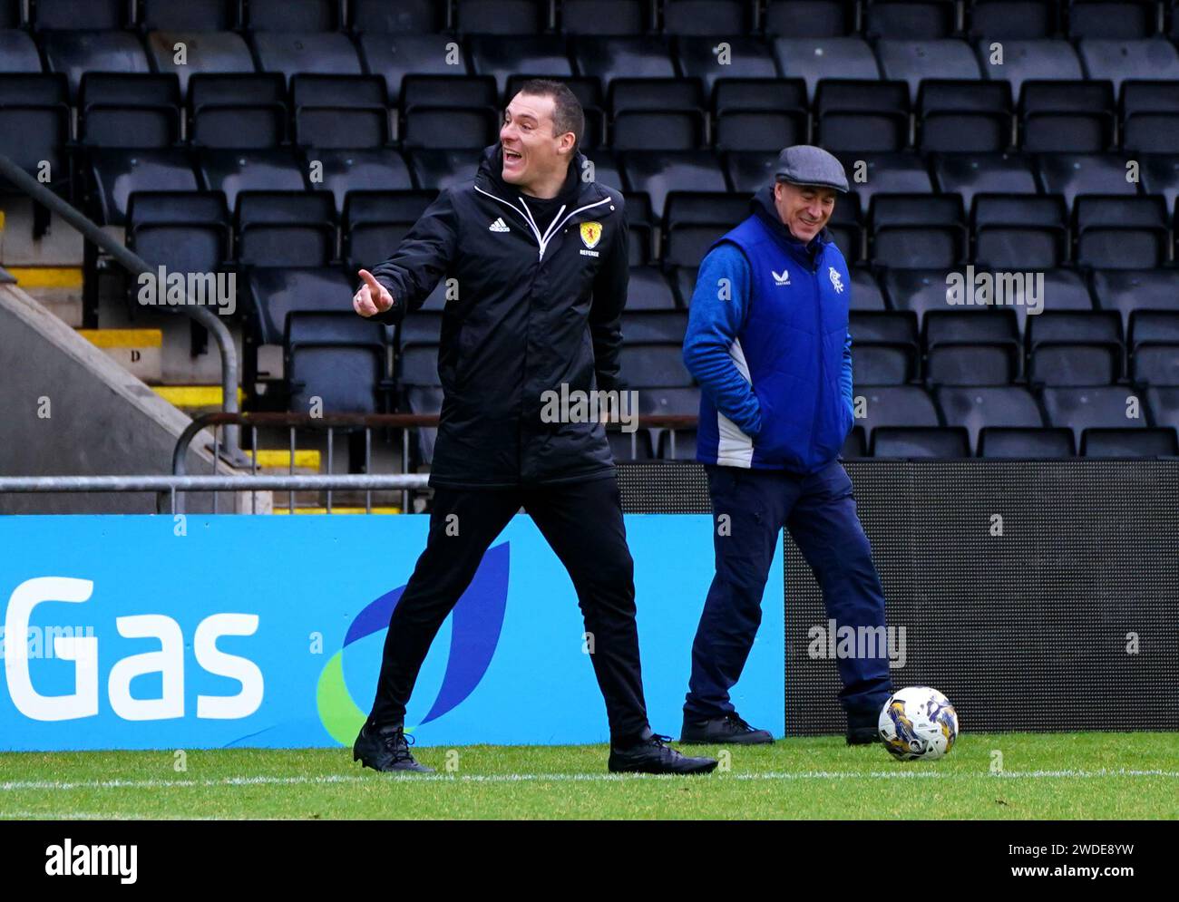 Referee Euan Anderson inspects the pitch ahead of the Scottish Gas ...