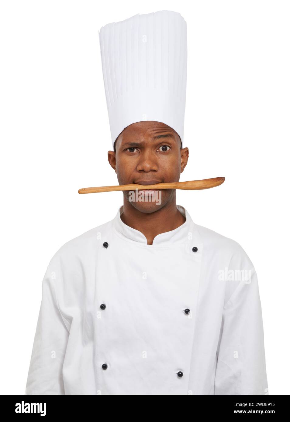 Portrait, chef and black man with spoon in mouth isolated on white ...