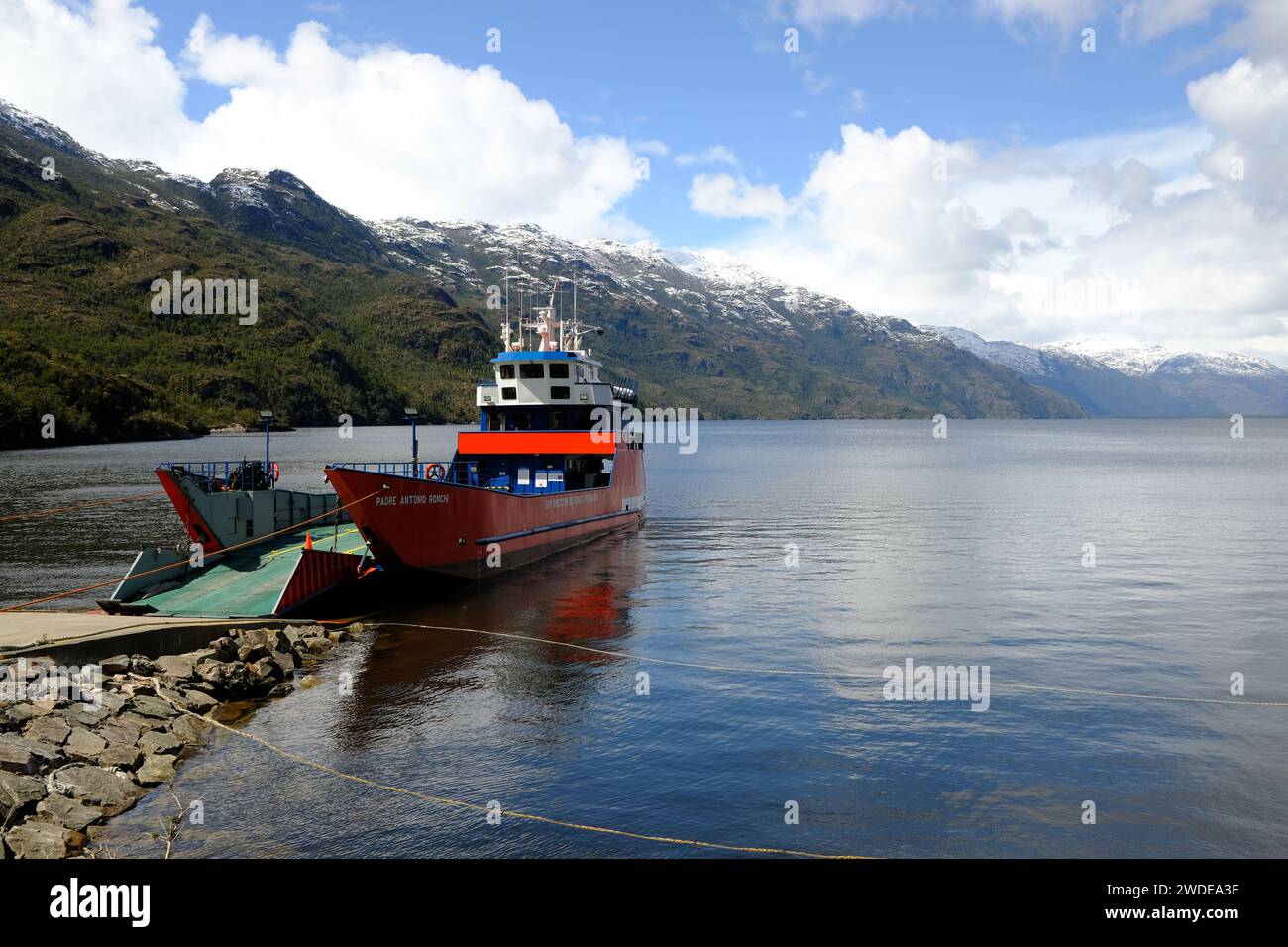 The Puerto Yungay ferry waits on the slipway ready to transport ...
