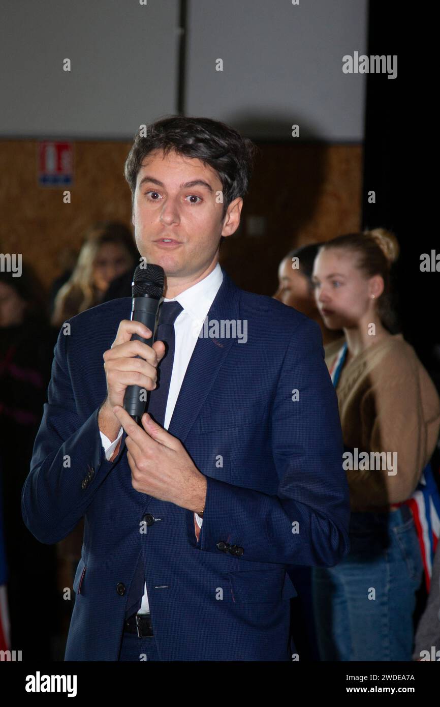 Orlienas, France. 20th Jan, 2024. The French Prime Minister, Gabriel ...