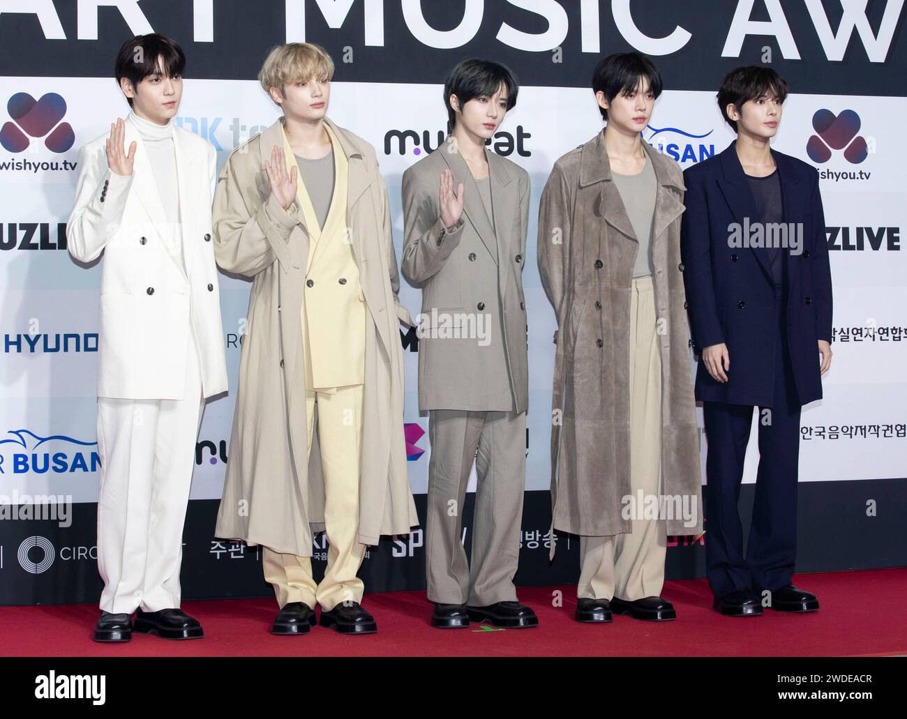 10 January 2024 - Busan, South Korea: South Korean K-Pop boy band TXT (Tomorrow X Together ...