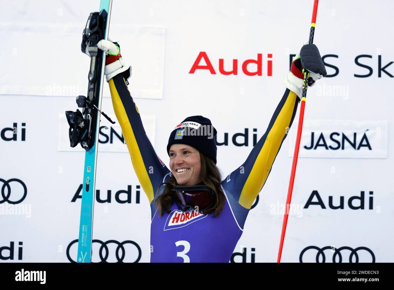 Sweden's Sara Hector celebrates on the podium after winning an alpine ...