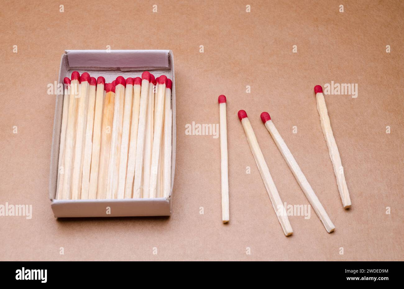 Set of new unlit matchsticks in a matchbox on natural brown paper ...