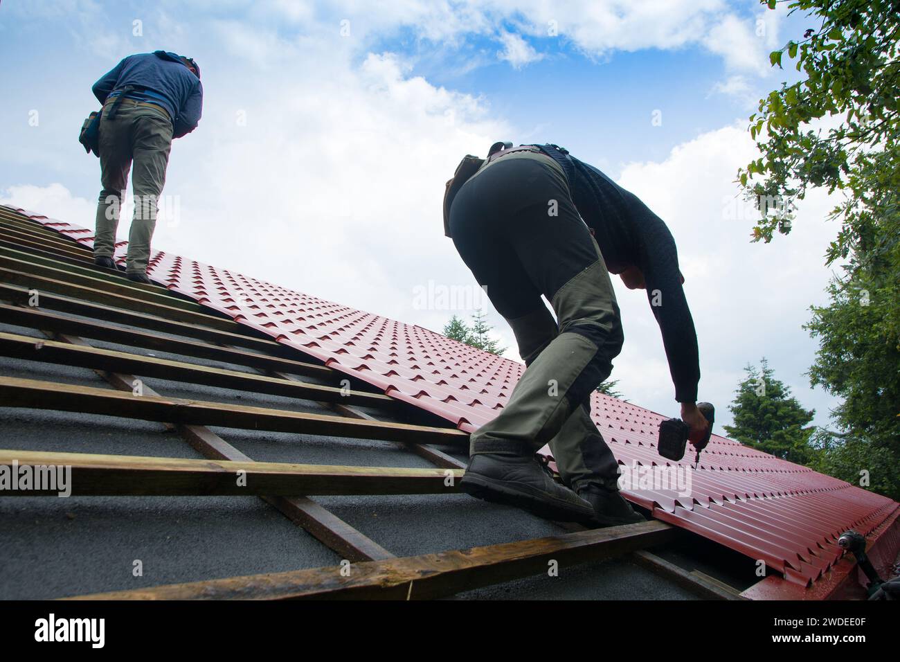 Roofers working on roof structure of building on construction site,Roofer using air or pneumatic ...