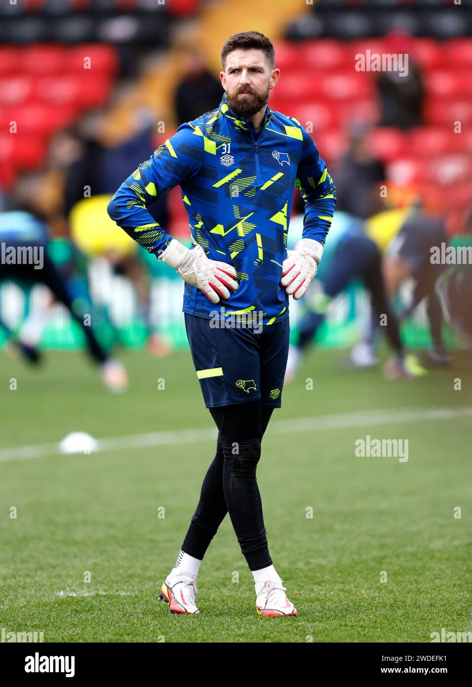 Derby County goalkeeper Josh Vickers warming up ahead of the Sky Bet ...