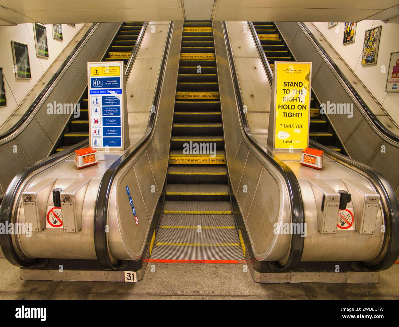 An upward moving escalator at the Liverpool Lime Street underground ...