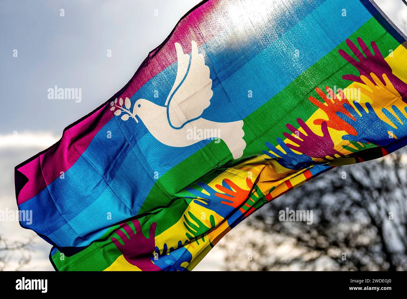 A rainbow flag is held up during a demonstration in Spremberg, Germany ...